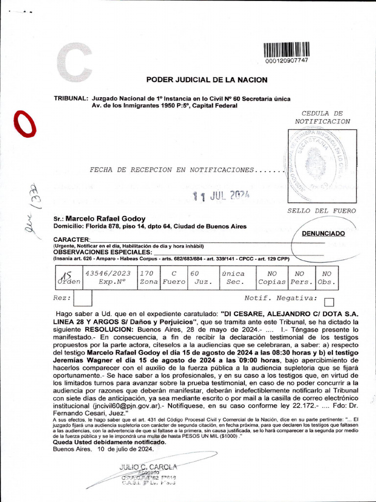 Cedula DE Notificacion: Poder Judicial DE LA Nacion | PDF ...