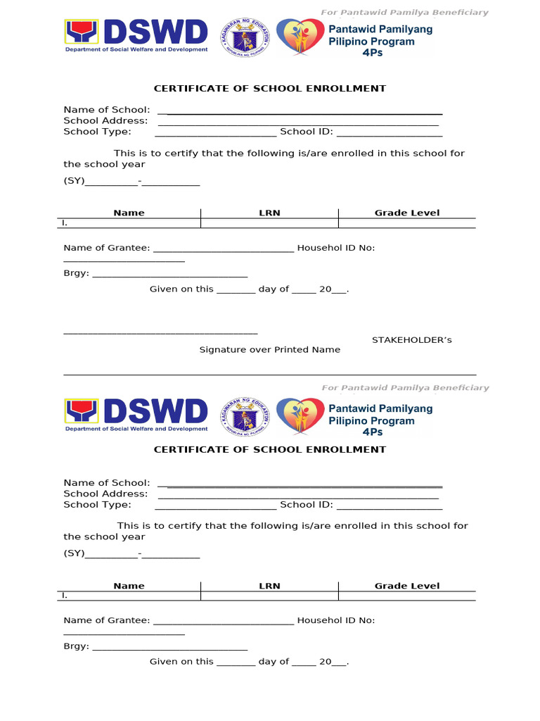 School Enrollment Certificate for 4Ps | PDF