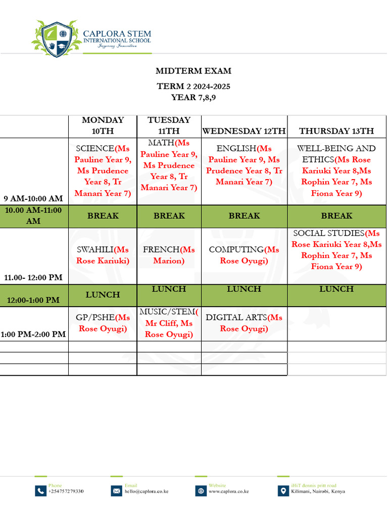 Year 7,8,9 Mid Term Exam Timetable | PDF