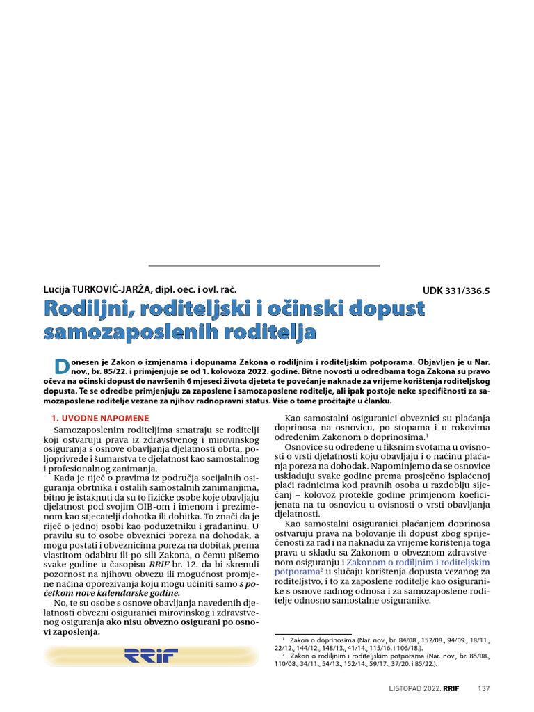 Rodiljni, Roditeljski I Očinski Dopust | PDF