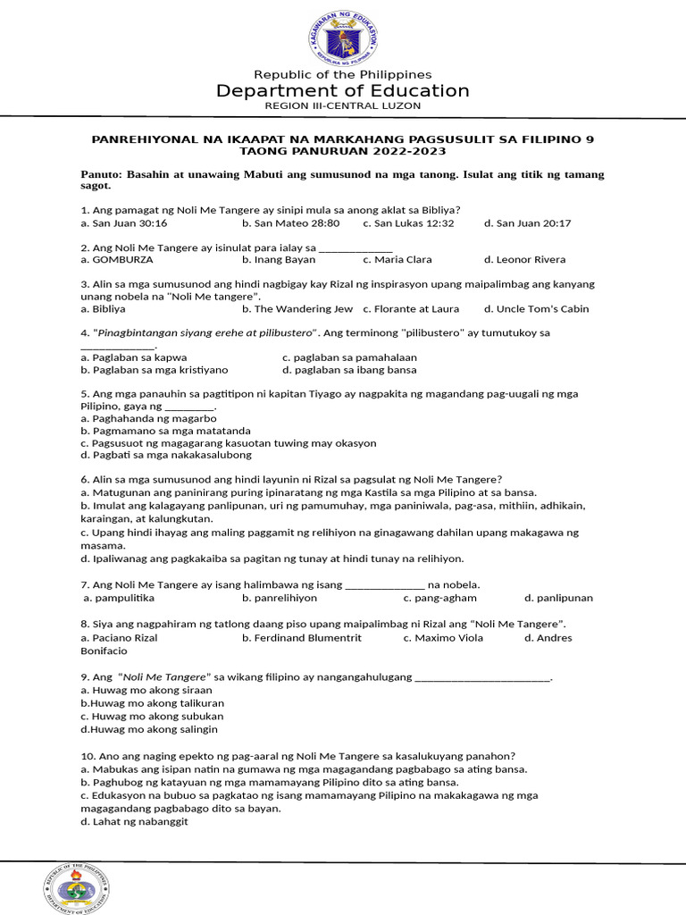 Grade 9 Regional 4TH Quarter Assessment | PDF