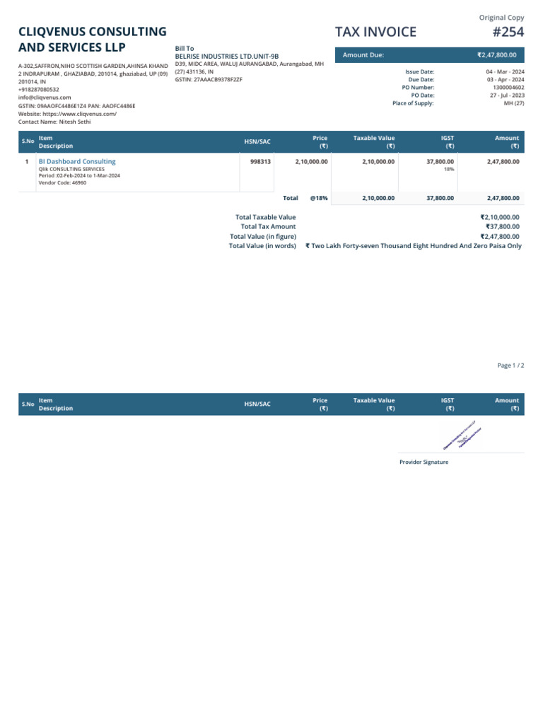 Tax Invoice for Consulting Services | PDF | Payments | Taxes