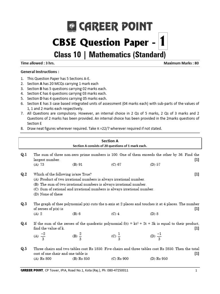 CBSE Question Paper-1 | PDF | Numbers | Zero Of A Function