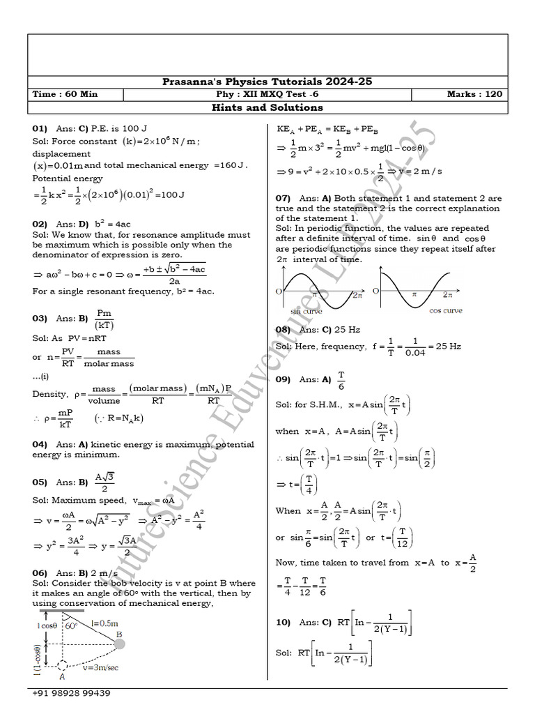 Physics XII MCQ Test 6 6 Dec 24 Sol | PDF | Gases | Quantity