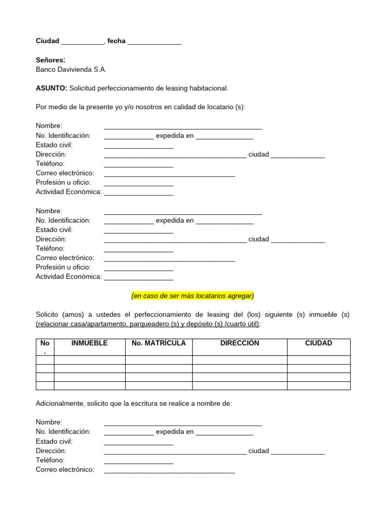 1 Carta Solicitud Perfeccionamiento Leasing | PDF | Ley común ...