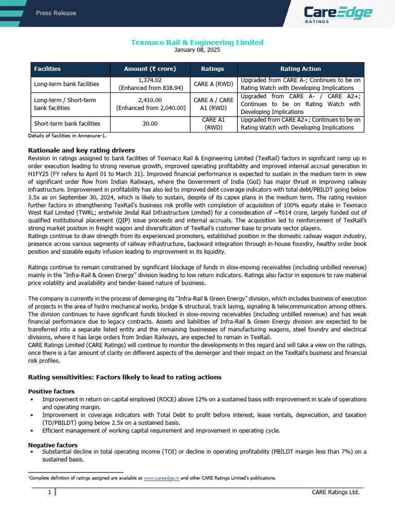 Texmaco Rail Ratings Upgrade Overview | PDF | Rail Transport ...