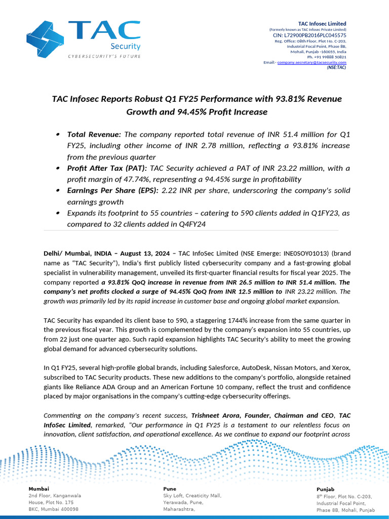 TAC Infosec - PR - Q1 Performance | PDF | Economies | Business