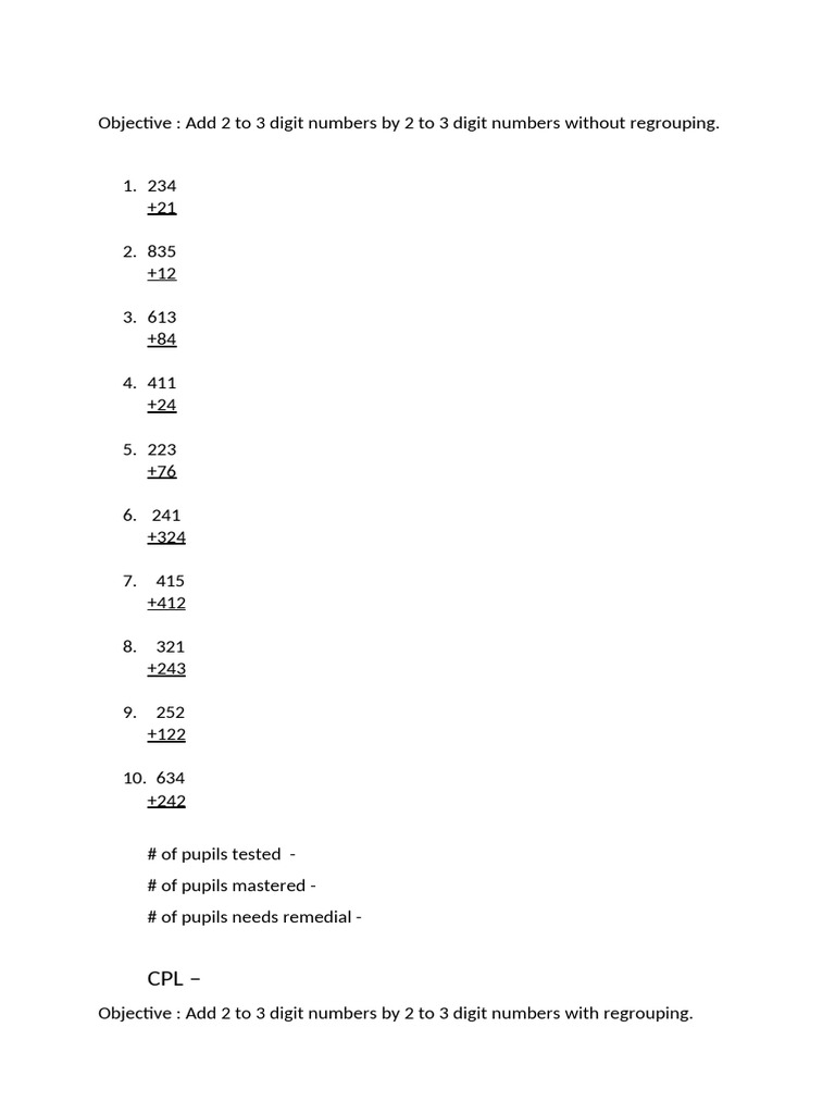Adding 2-3 Digit Numbers Practice | PDF
