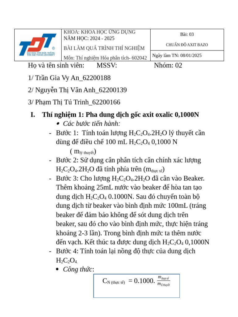 BÀI THÍ NGHIỆM 3 CHUẨN ĐỘ AXIT BAZO | PDF