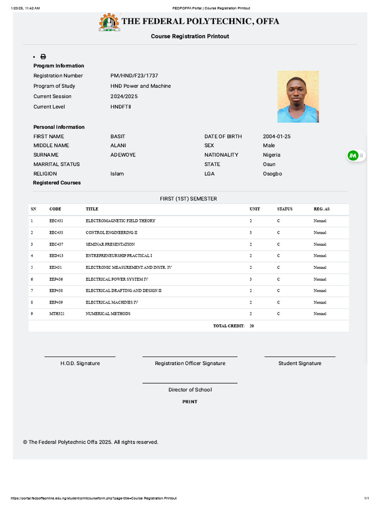 FEDPOFFA Portal - Course Registration Printout Basit HND 2 1ST | PDF
