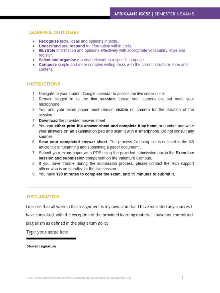 Afrikaans_IGCSE_Sem3_M8_S1_8.1.1_Exam_Question_Paper | PDF