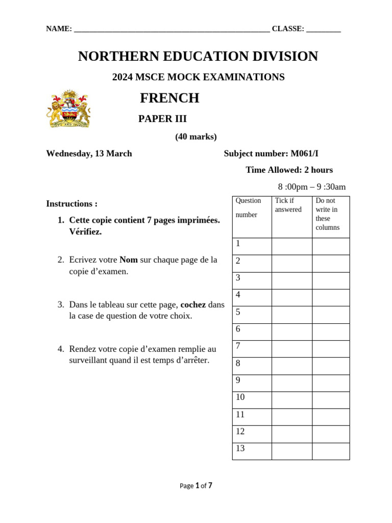 Examen blanc de français 2024 MSCE | PDF