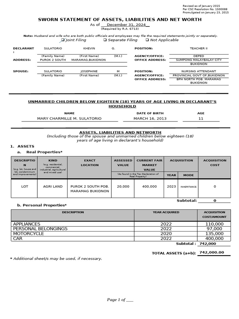 SALN-Form-Revised-January-2015 KHEVIN 2023 | PDF