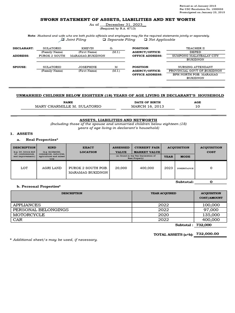 SALN-Form-Revised-January-2015 KHEVIN 2023 PDF | PDF