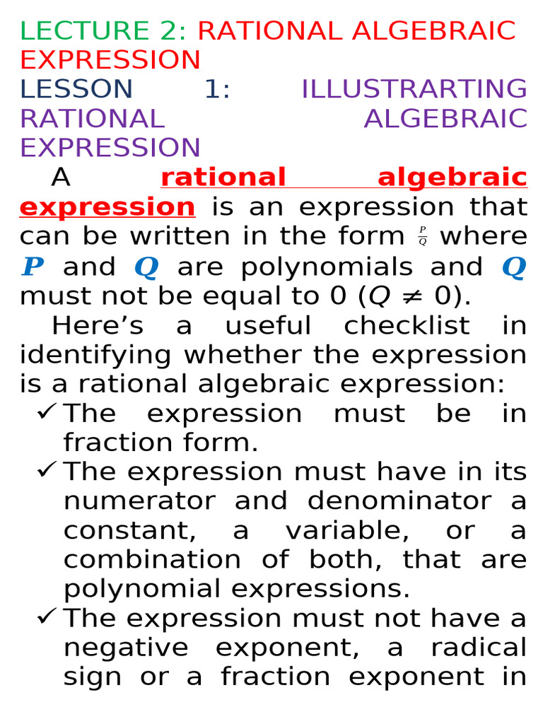 Rational Algebraic Expression | PDF | Multiplication | Rational Number