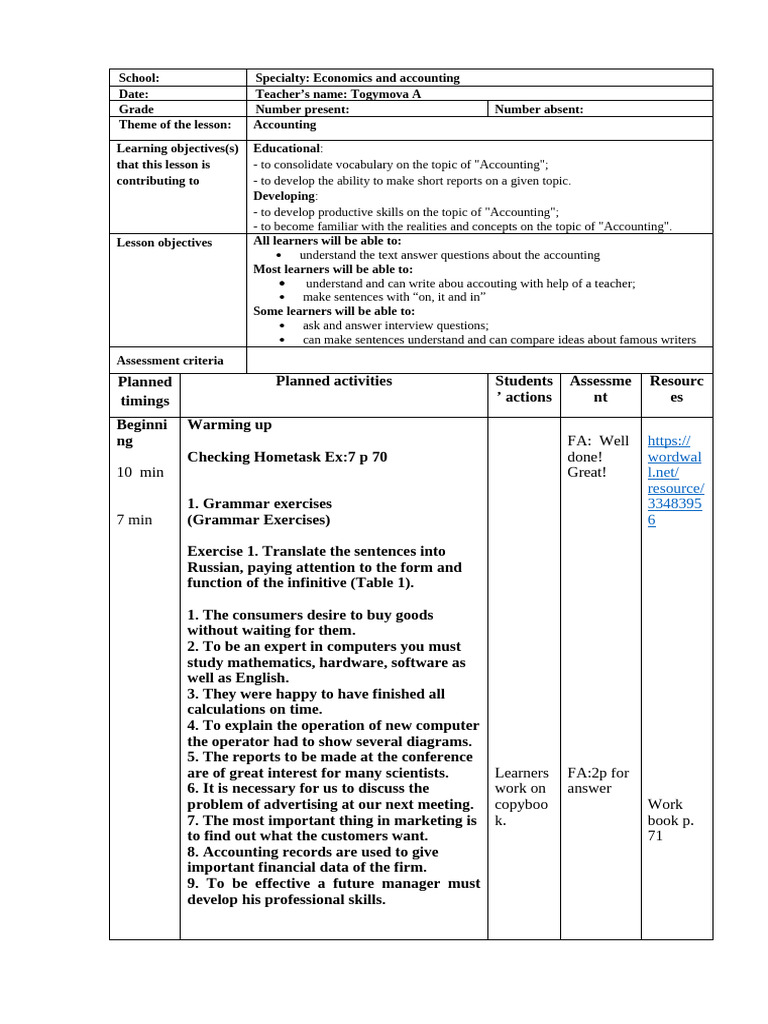 Lesson Plan Exam | PDF | Accounting | Balance Sheet
