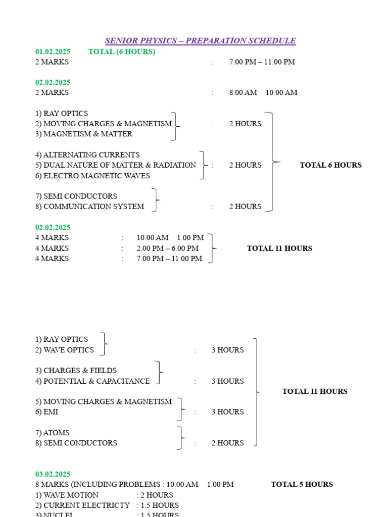 SR PHYSICS_ PREPARATION SCHEDULE | PDF | Electricity | Electromagnetic Radiation