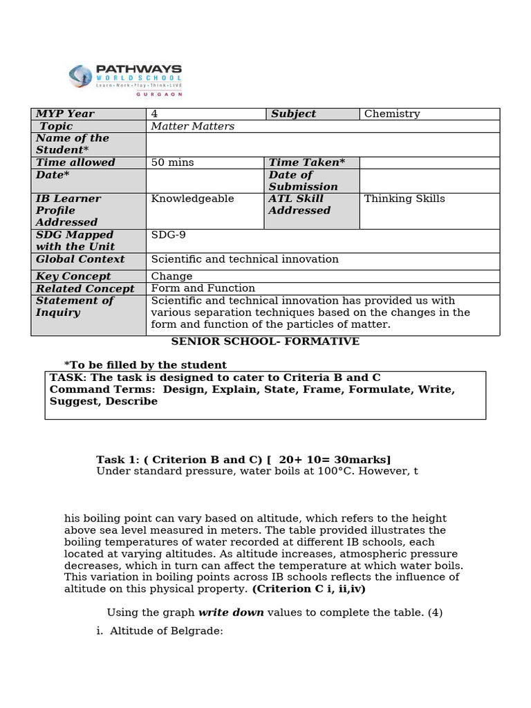 MYP4 Chem Formative 3rd Set | PDF | Boiling | Altitude