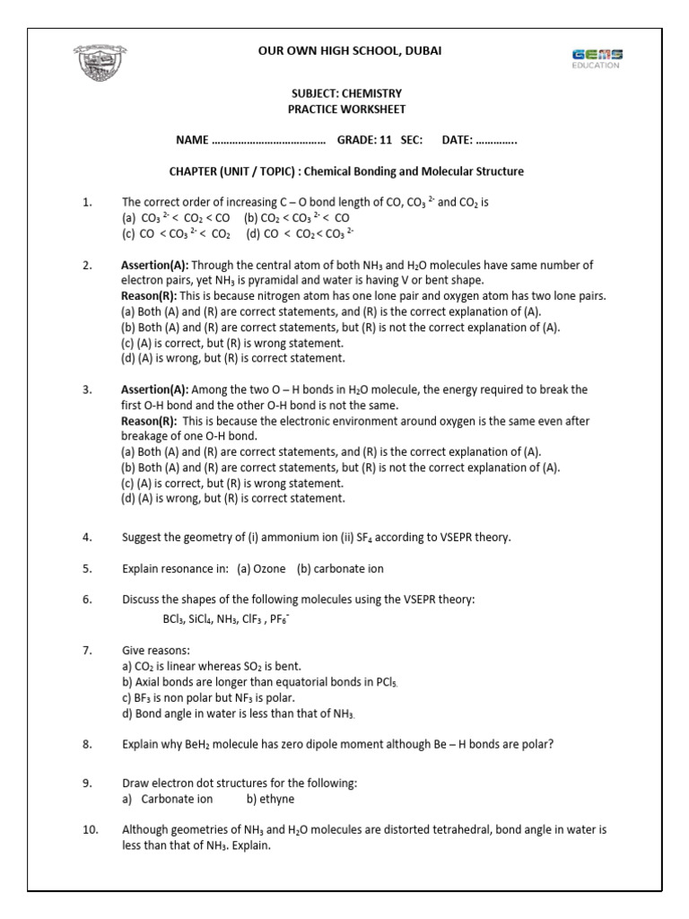 Chemical Bonding - Molecular Structures - Practice Worksheet | PDF | Molecular Physics ...