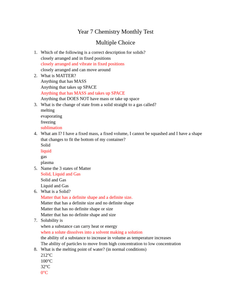 Year 7 Chemistry Test: States of Matter | PDF | Gases | Liquids