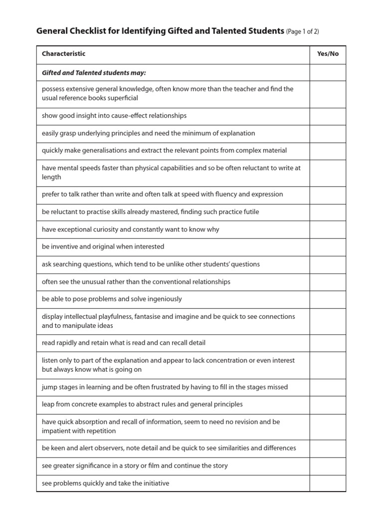 Dos Checklist | PDF | Intellectual Giftedness | Gifted Education