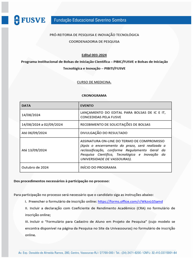 Edital PIBIC e PIBITI 2024 - Medicina FUSVE | PDF | Pós-graduação ...