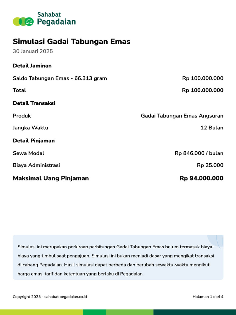 Simulasi Gadai Tabungan Emas | PDF