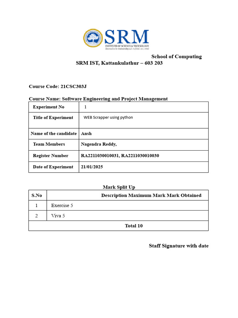21CSC303JJ SEPM - Ex 1 | PDF | Dynamic Web Page | Software