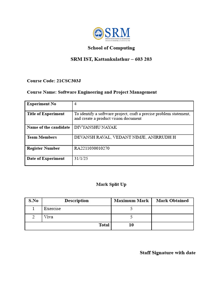 21CSC303J SEPM - Product Vision Document | PDF | Authentication | Security