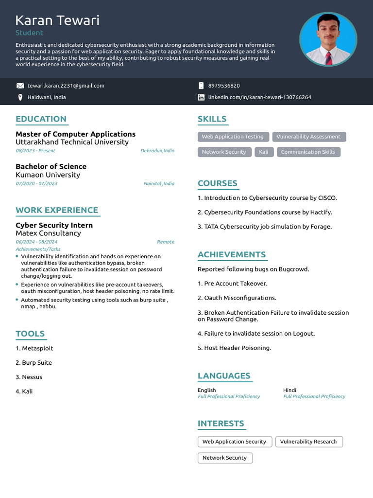 Cybersecurity Intern Profile: Karan Tewari | PDF | Computer Security ...