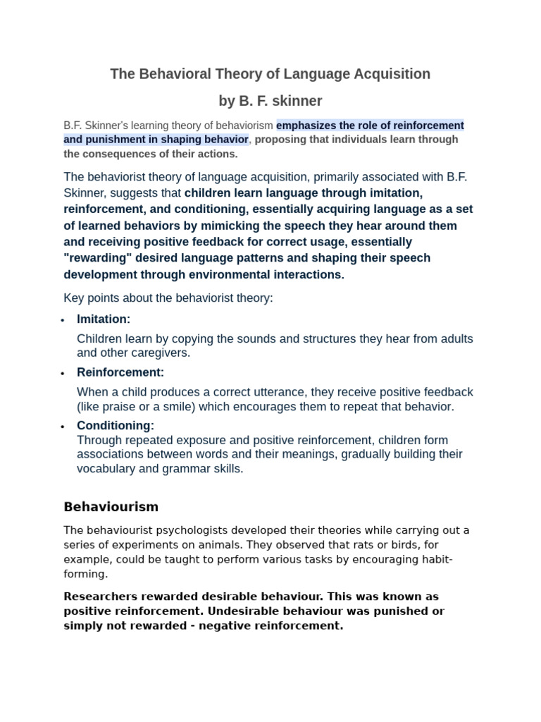 Skinners Behavioral Theory | PDF | Reinforcement | Behaviorism