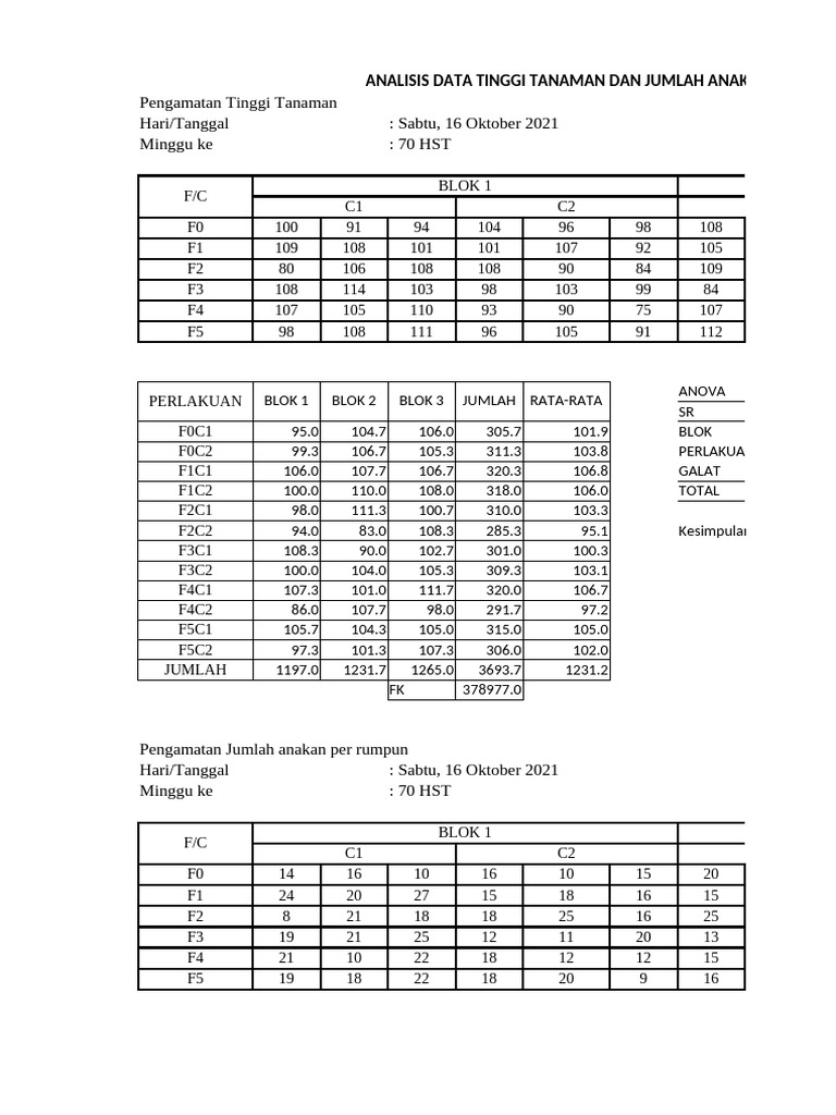 Analisis Data Tinggi Tanaman & Jumlah Anakan Tanaman Padi 10 & 12 Mst | PDF