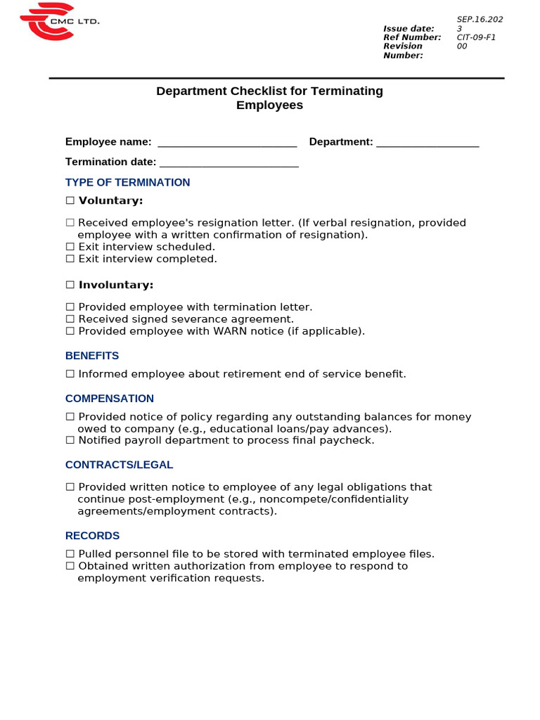 CIT-09-F1 Department Checklist For Terminating Employees | PDF ...