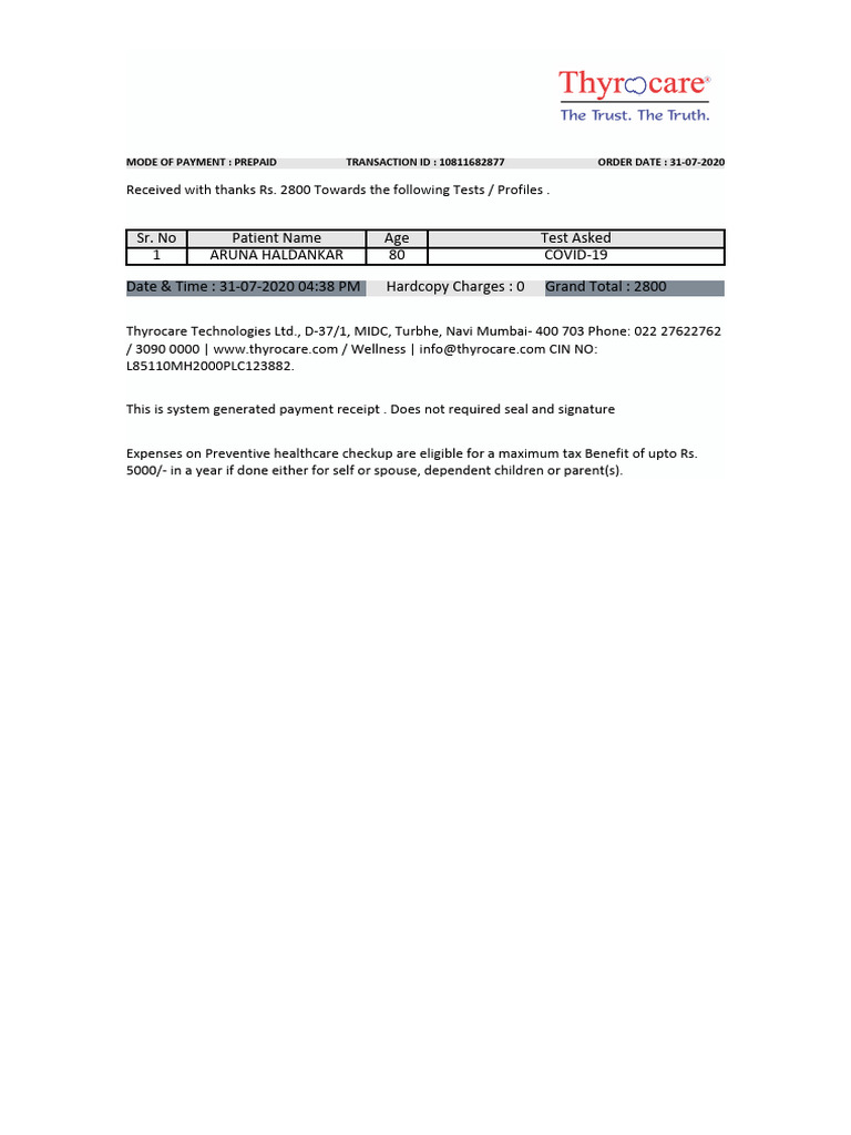 COVID-19 Test Payment Receipt | PDF