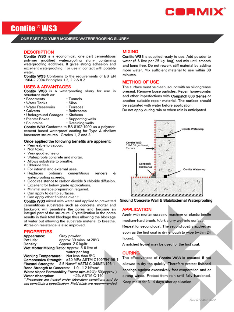 TDS-EN-Contite WS3 - Rev 017-Mar 22 | PDF | Concrete | Mortar (Masonry)