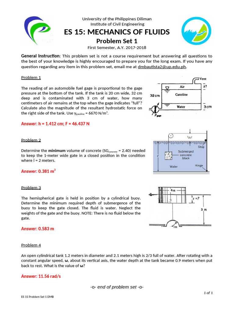 Fluid Mechanics Problem Set 1 | PDF