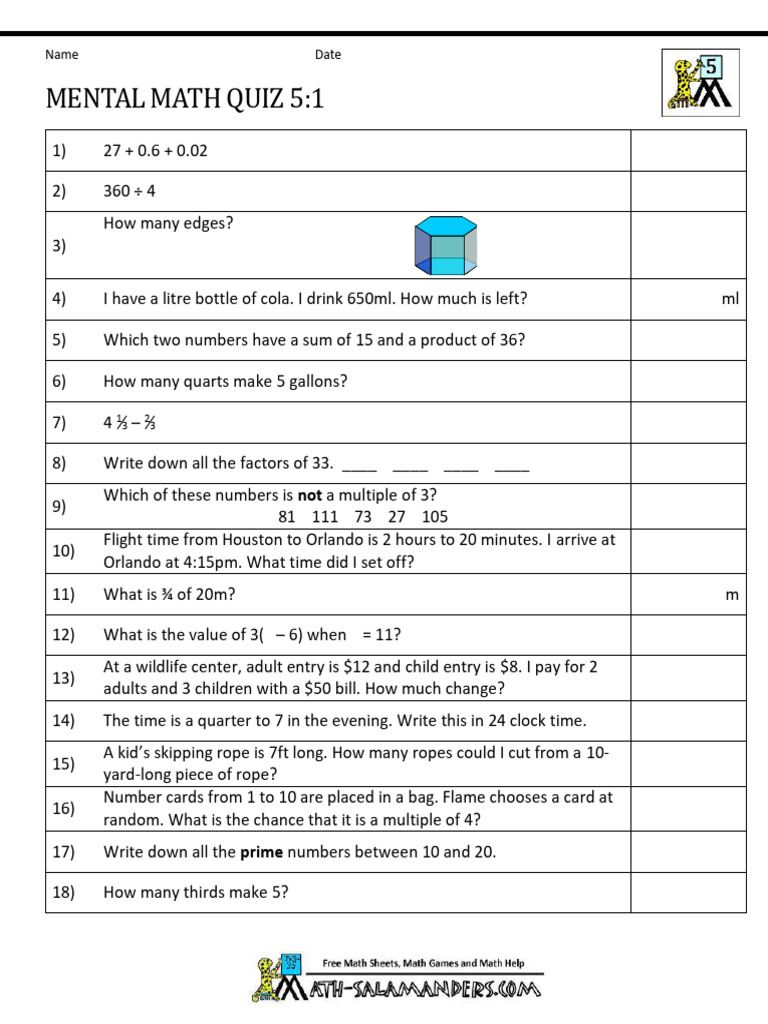 Mental Math 5th Grade 1 | PDF | Units Of Measurement