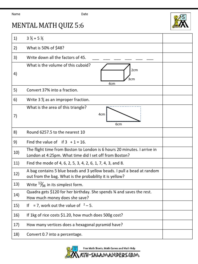 Mental Math 5th Grade 6 | PDF | Division (Mathematics) | Mathematics