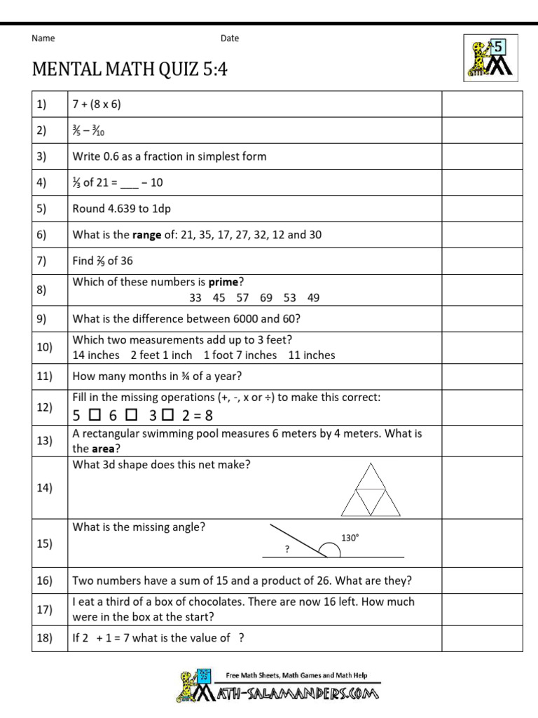 Mental Math Quiz 5:4 with Answers | PDF | Foot (Unit)