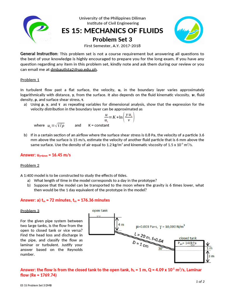 Fluid Mechanics Problem Set 3 | PDF | Boundary Layer | Viscosity