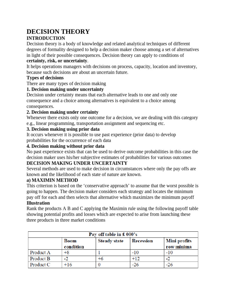 DECISION THEORY SUMMARY | PDF | Probability Theory | Economics Of ...