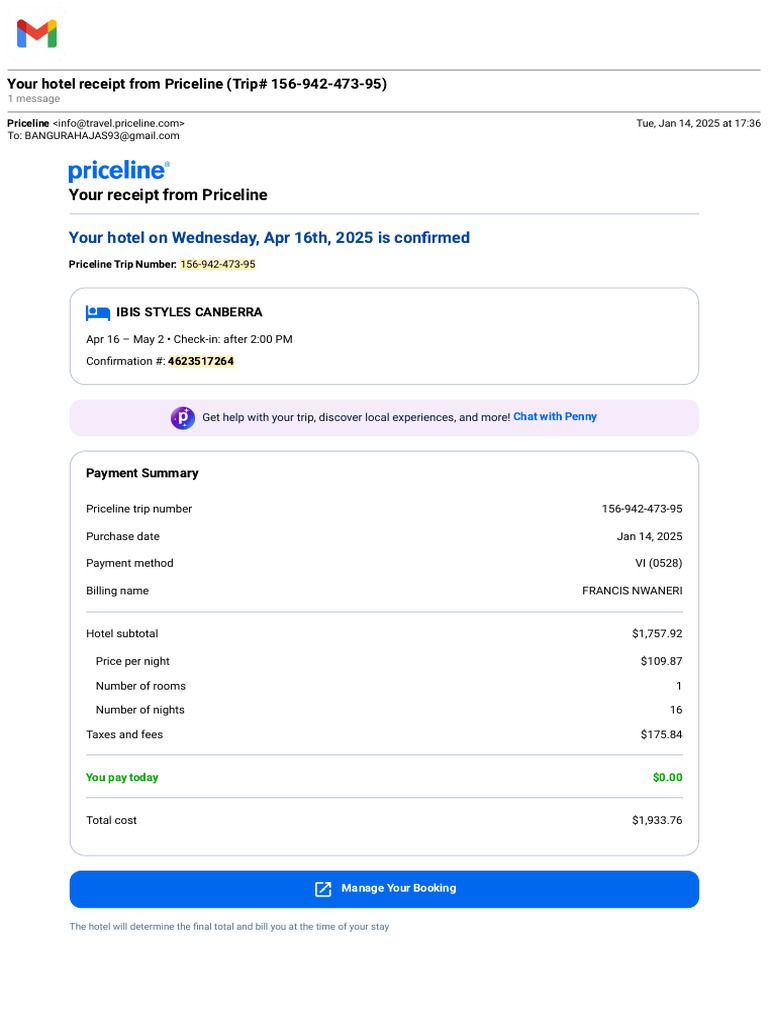 Gmail - Your Hotel Receipt From Priceline (Trip# 156-942-473-95) | PDF | Priceline.Com | Payments