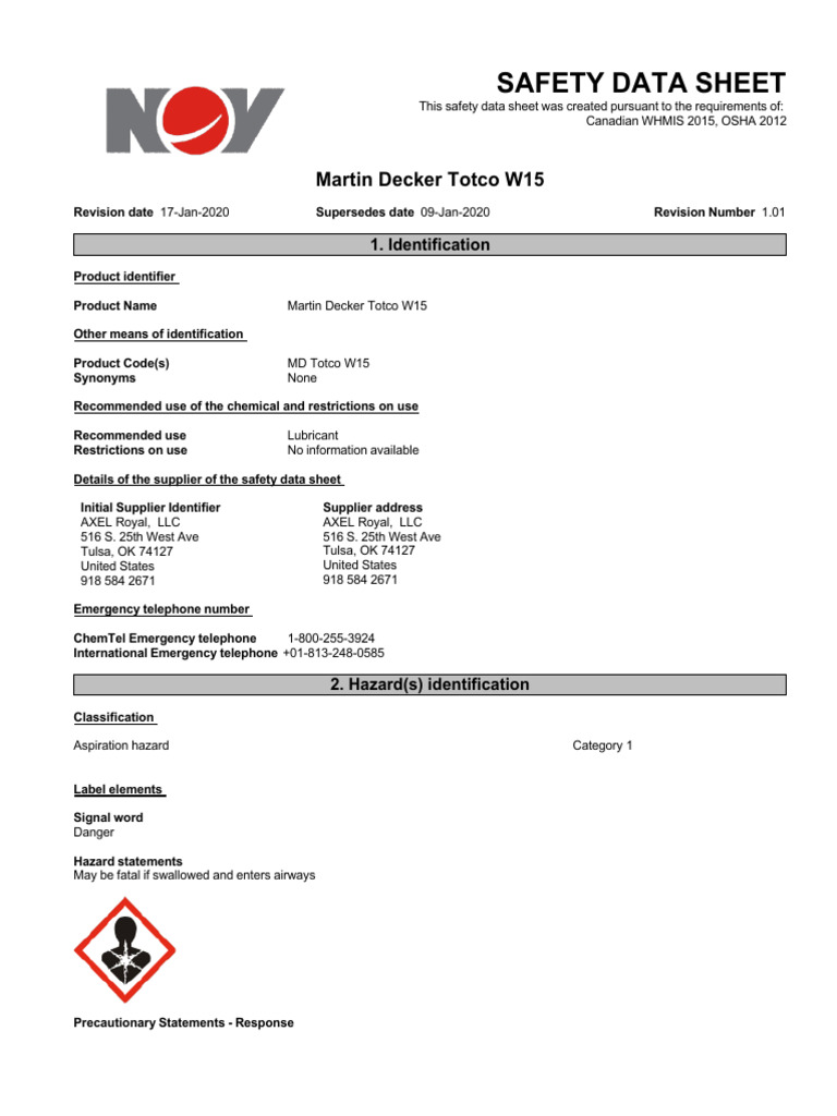 W15 SDS | PDF | Superfund | Occupational Safety And Health