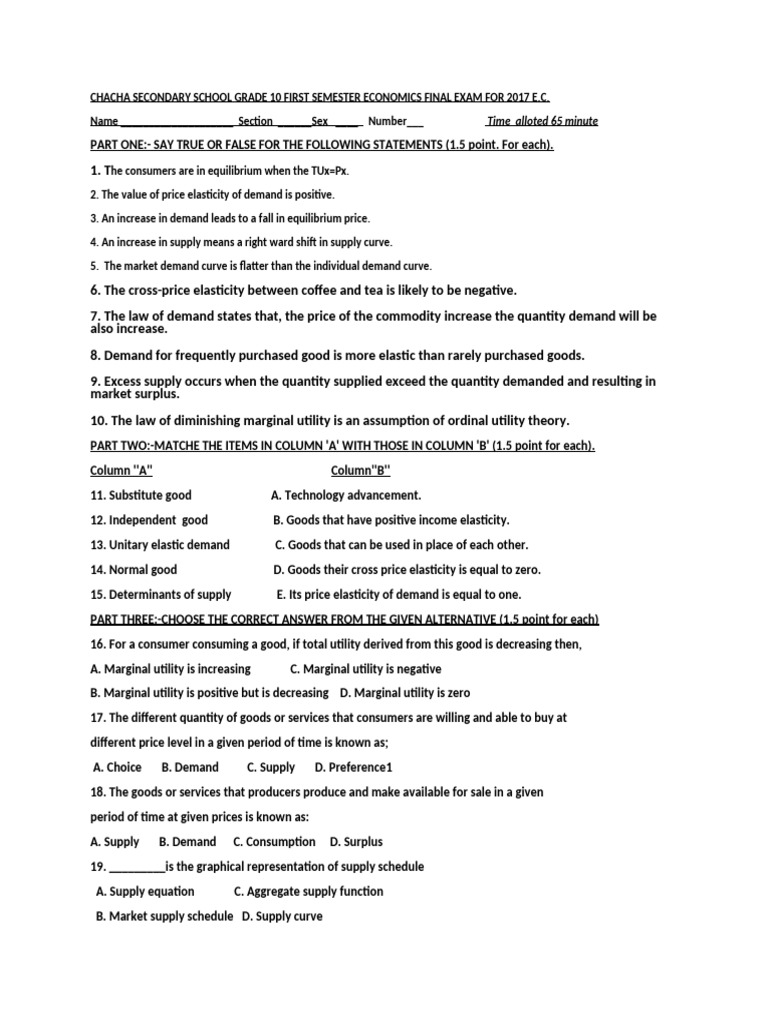 Grade 10 Final Exam From 60% | PDF | Demand | Elasticity (Economics)