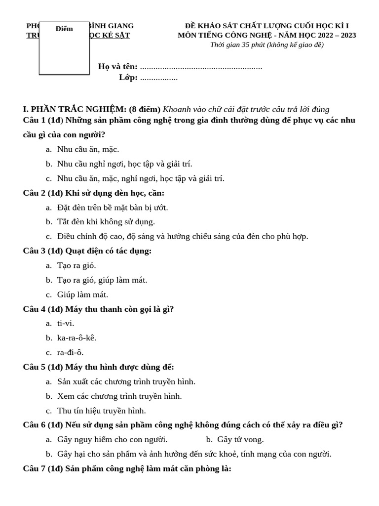 Đề KT cuối HK1 Công Nghệ | PDF