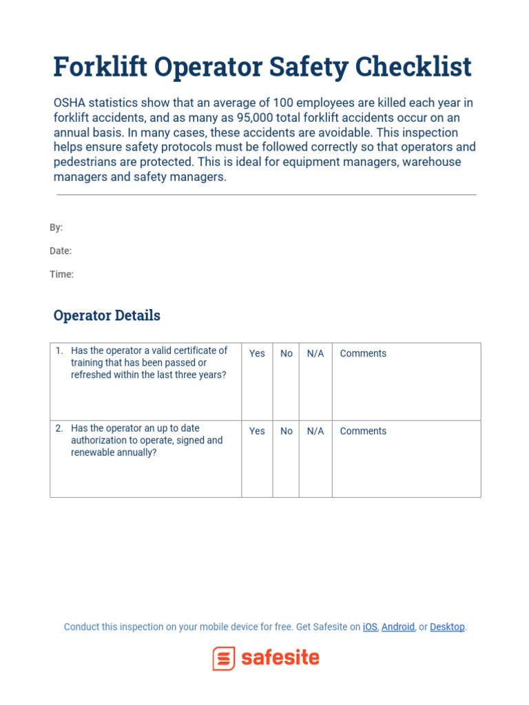 Forklift Safety Checklist | PDF | Forklift | Motor Vehicle