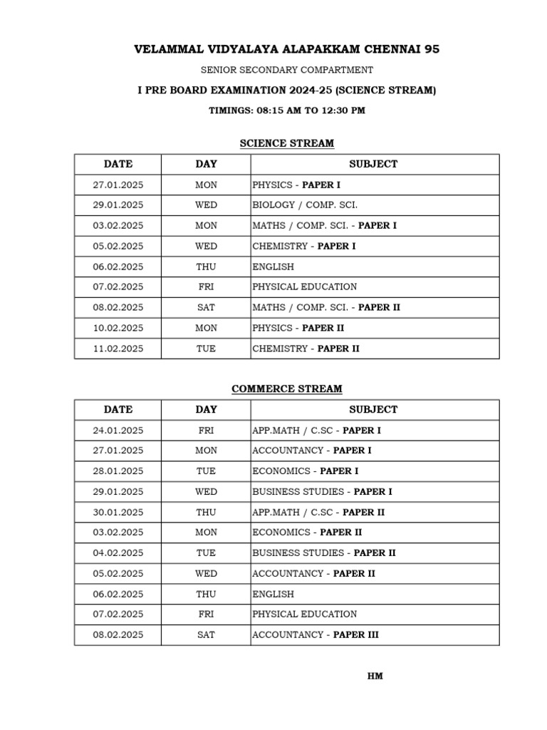 Class Xii - Pre Board Exam Time Table | PDF