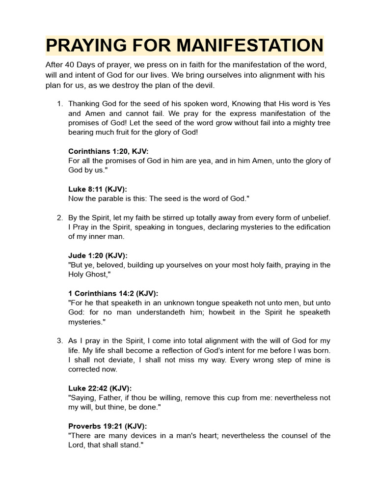 Praying For Manifestation | PDF | Prayer | Satan