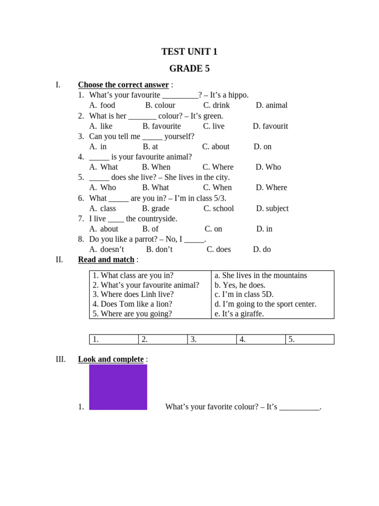 TEST UNIT 1 grade 5 | PDF