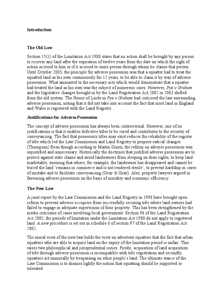 Adverse Possession Essay | PDF | Adverse Possession | Squatting